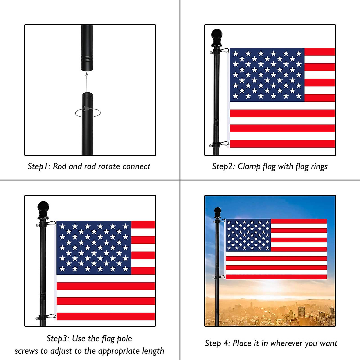 HOOSUN 6 FT Flag Pole Kit with 2 Rotating Rings and Flag Pole Clips,Flag Poles for Outside House,Black Stainless Steel Adjustable Pole for Commercial Or Residential