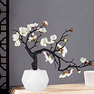 Artflower Plum Blossom Artificial Silk Flowers 2 Pack Simulation Flower with Ceramic Vase Fake Plant Potted Arrangement for Home Wedding Office DIY Living Room Party Garden Decoration (White)