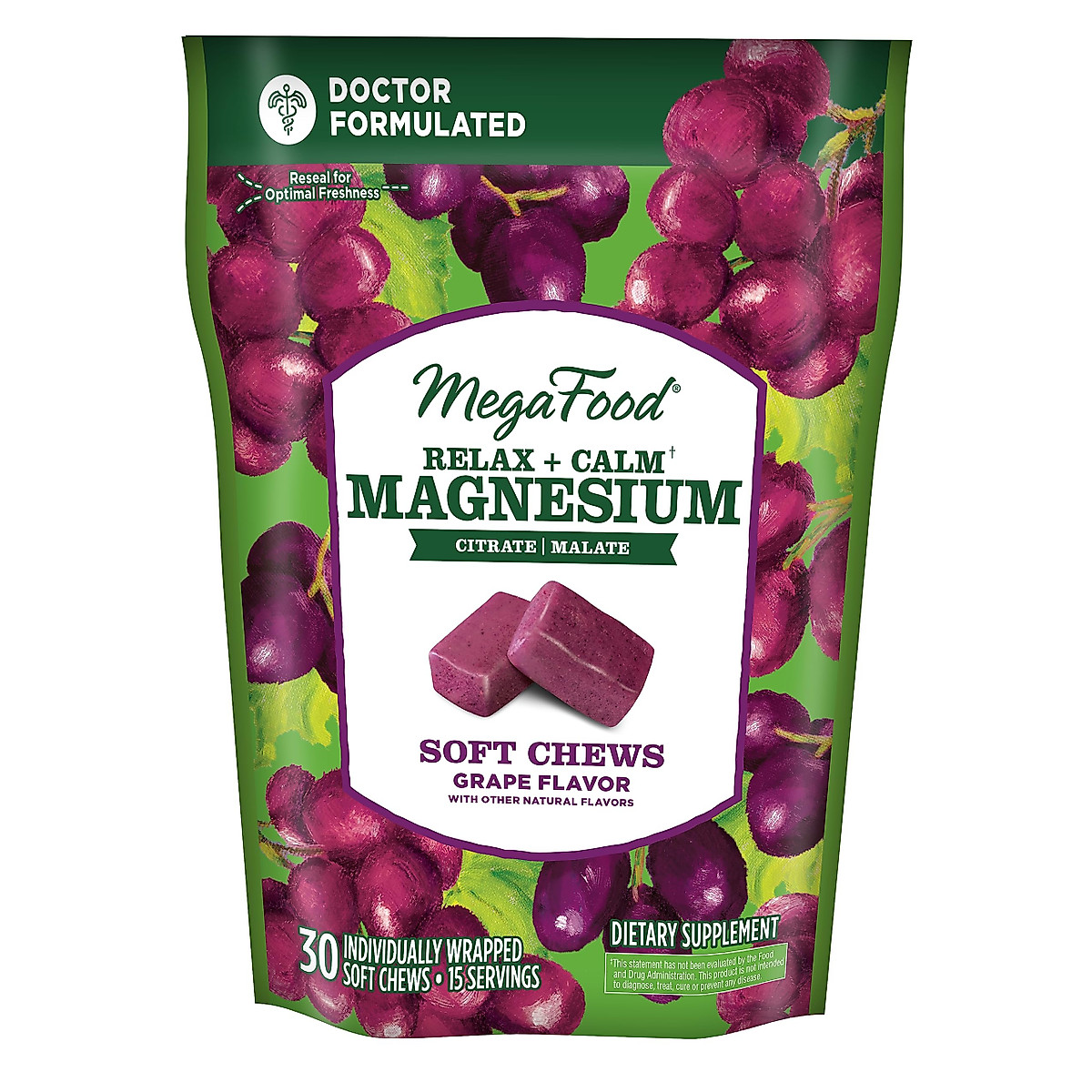 MegaFood Relax + Calm Magnesium Supplement - Soft Chews with Magnesium Citrate & Magnesium Malate for Heart Health, Muscle Tension & More - Vegetarian - Grape-Flavor - 30 Chews per Pack (Pack of 1)