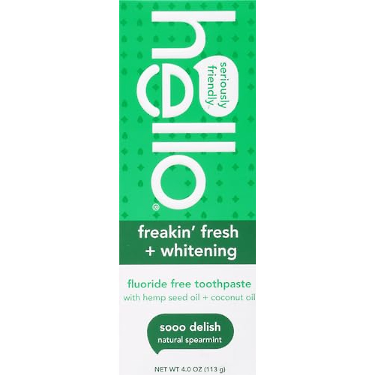 Hello Vegan Fluoride Free Toothpaste, Super Fresh Spearmint, Naturally Whitening Toothpaste, Hemp Seed Oil + Coconut Oil, Helps Remove Plaque, No SLS/Sulfates, 4 Ounce