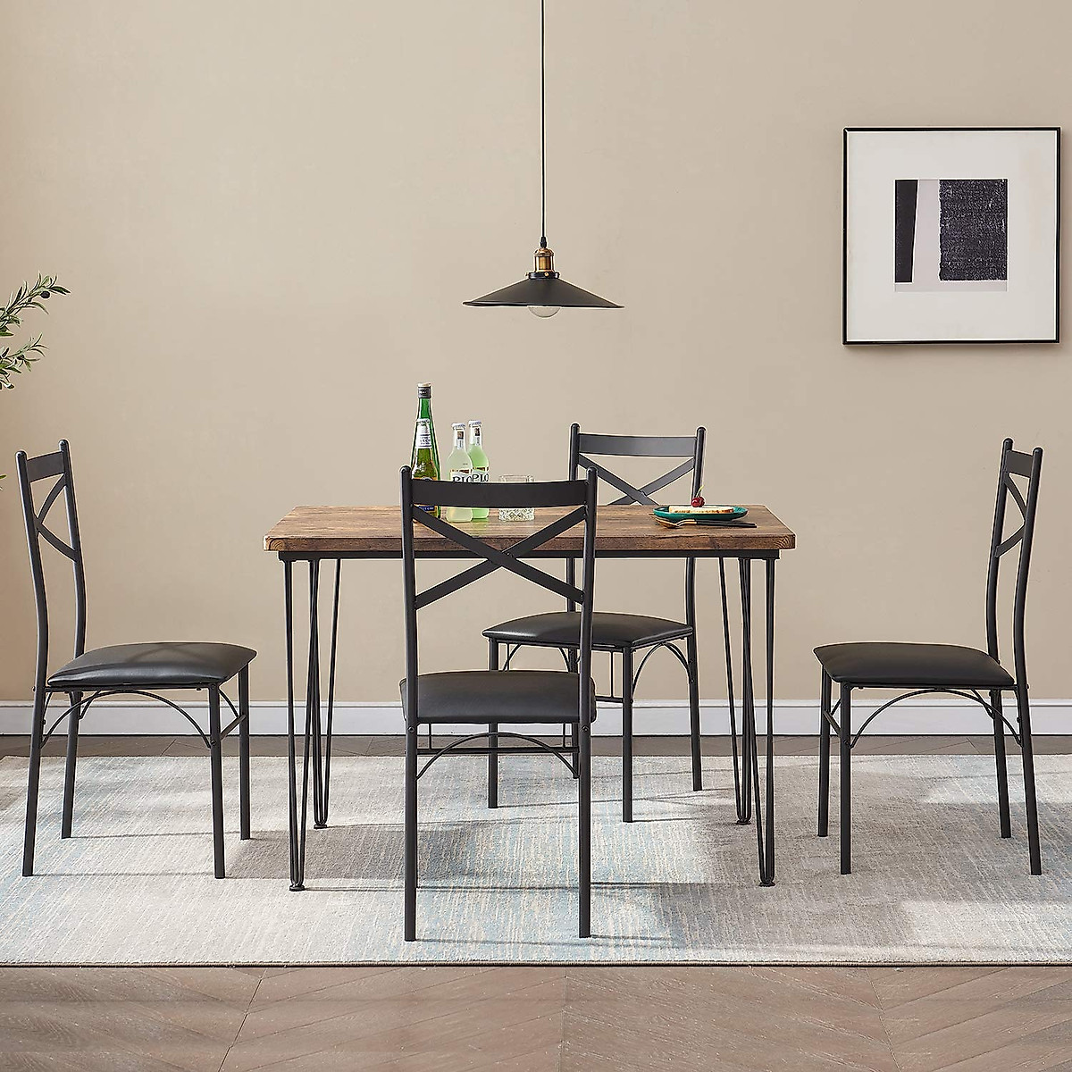 VECELO 5-Piece Set for Home Kitchen Small Space Breakfast Nook, 4 Faux Leather Metal Frame Chairs, Dining Table for 4, Retro Brown