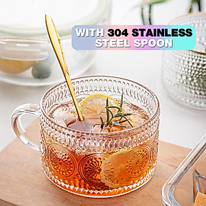 Qipecedm Vintage Coffee Mugs Set of 4,14 oz Glass Coffee Tea Cups with Handle, Clear Embossed Glassware, Glass Mugs, Glass Coffee Cups for Latte, Cereal, Yogurt, Milk, Beverage Hot/Cold