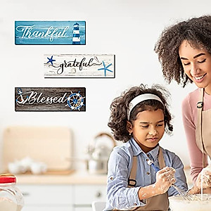 Yookeer 3 Pieces Thankful Grateful Blessed Wooden Signs Coastal Rustic Wood Signs Wood Farmhouse Wall Decor Beach Wood Front Hanging Sign for Farmhouse Outdoor Decor (Coastal Style)