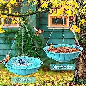 Fnydvis Hanging Bird Bath, Birdbath Bowl Hanging Bird Feeder Tray for Outdoor Garden, Patio, Backyard, Large Capacity, Gift for Bird Lovers (Blue)