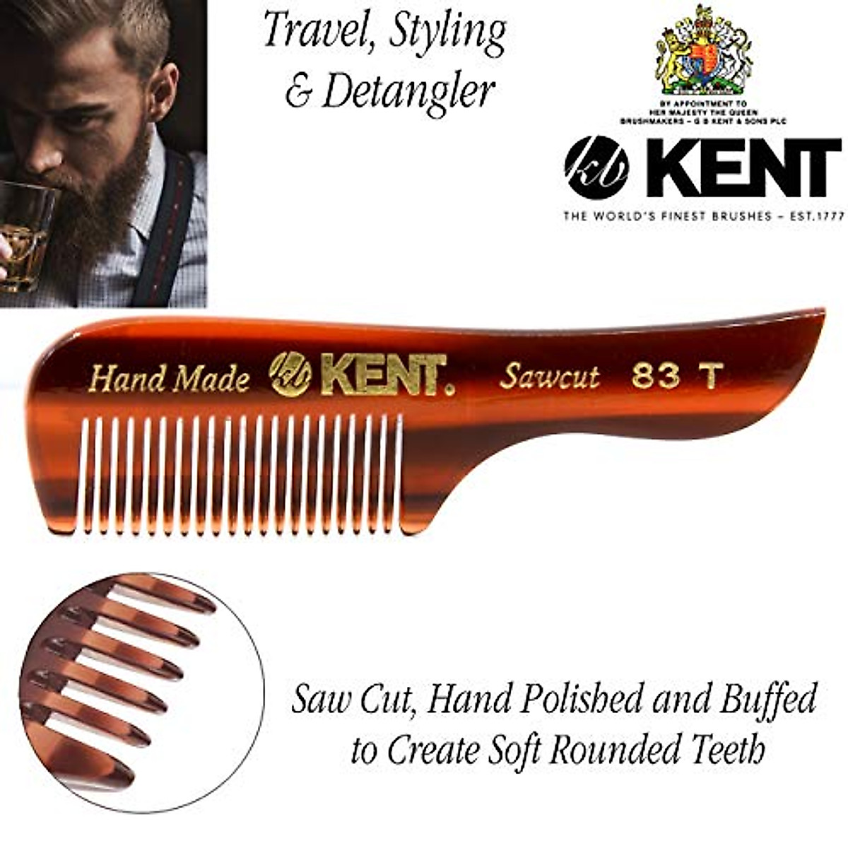 Kent 83T Small Gentleman's Beard and Mustache Pocket Comb, Fine Toothed Pocket Size for Facial Hair Grooming and Styling. Saw-cut of Quality Cellulose Acetate, Hand Polished. Hand-Made in England