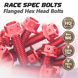 MC MOTOPARTS Pre-drilled CNC Race Spec Bolts M6 x 20mm Flanged HEX Head Screws 10 pcs (Red)