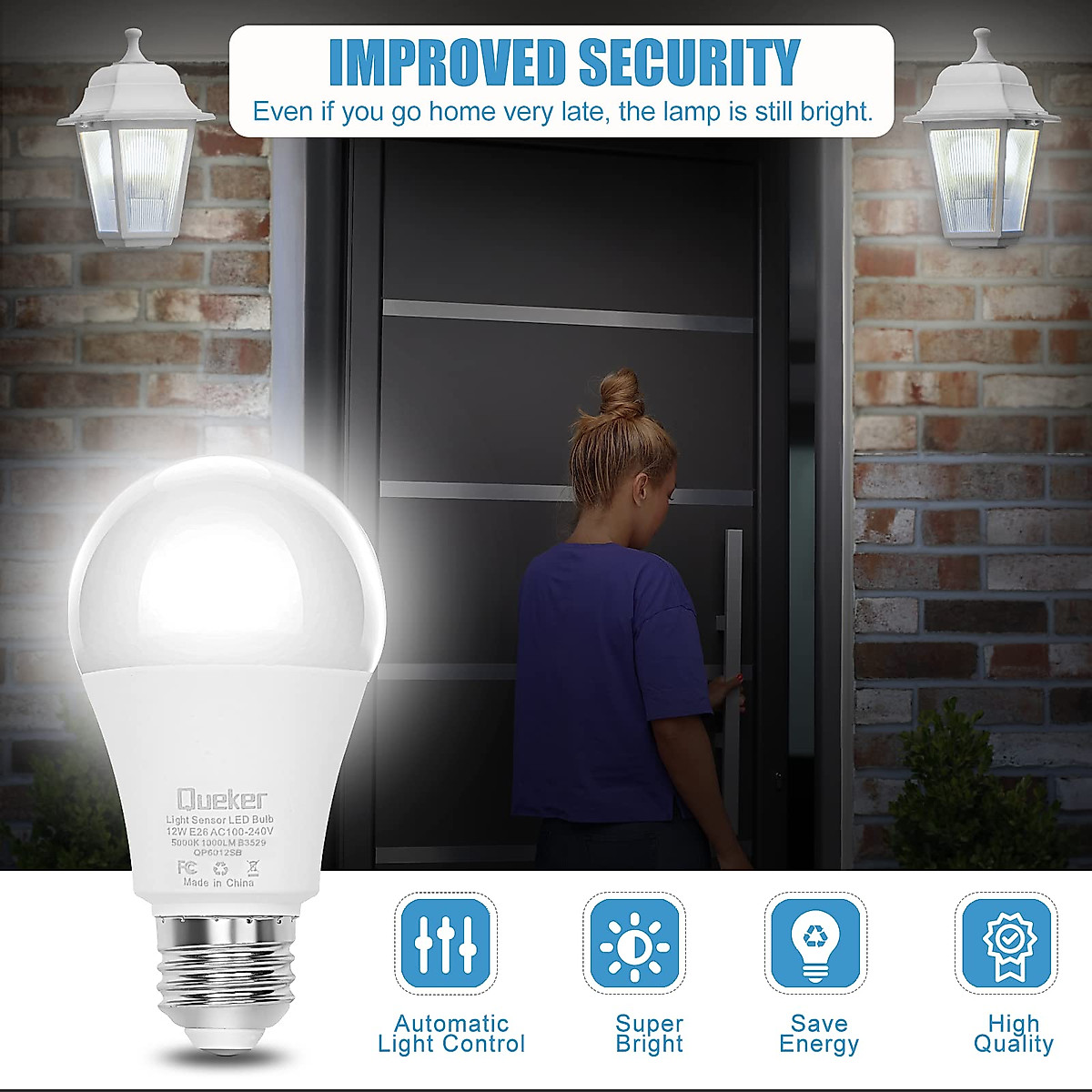 Dusk to Dawn Light Bulbs Outdoor 4 Pack, 5000K Daylight White Light Sensor Bulbs, 12W (100 Watt Equivalent) Auto On Off Photocell Sensor, E26 A19 1000LM LED Bulbs for Porch Garage Lighting