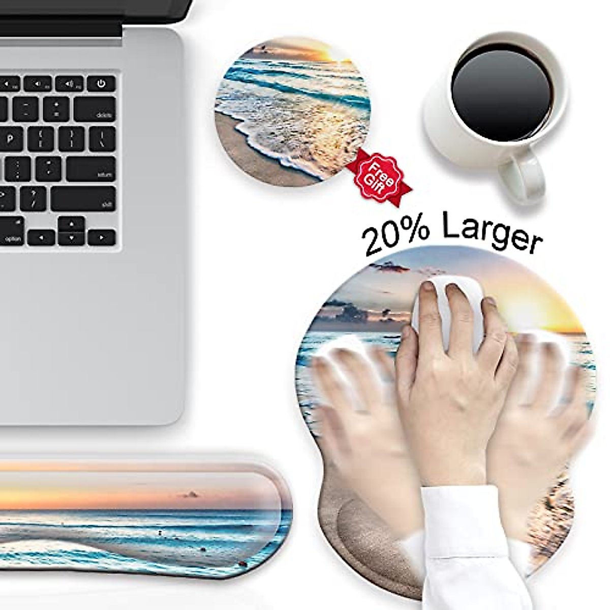 Mouse Pad and Keyboard Wrist Rest Support, with Non-Slip PU Base,Gel Mouse Pad with Coaster,Pain Relief for Gaming, Computer,Office -Beach