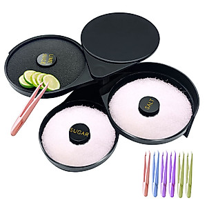 3 Tier Bar Glass Rimmer, Margarita Salt Premium Cocktail Machine Bartender Tool, Margarita Salt Rimmer Set, Juice Cocktail Sugar Salt Seasoning Box Classic Black(7 pcs Tweezers)