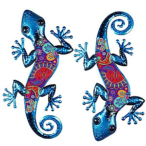 LIFFY Metal Gecko Wall Decor Indoor Room Home Glass Wall Hanging Sculpture Decorations Outside Lizard Garden Art Decorative Ornaments for Patio,Fence,Yard - Set of 2