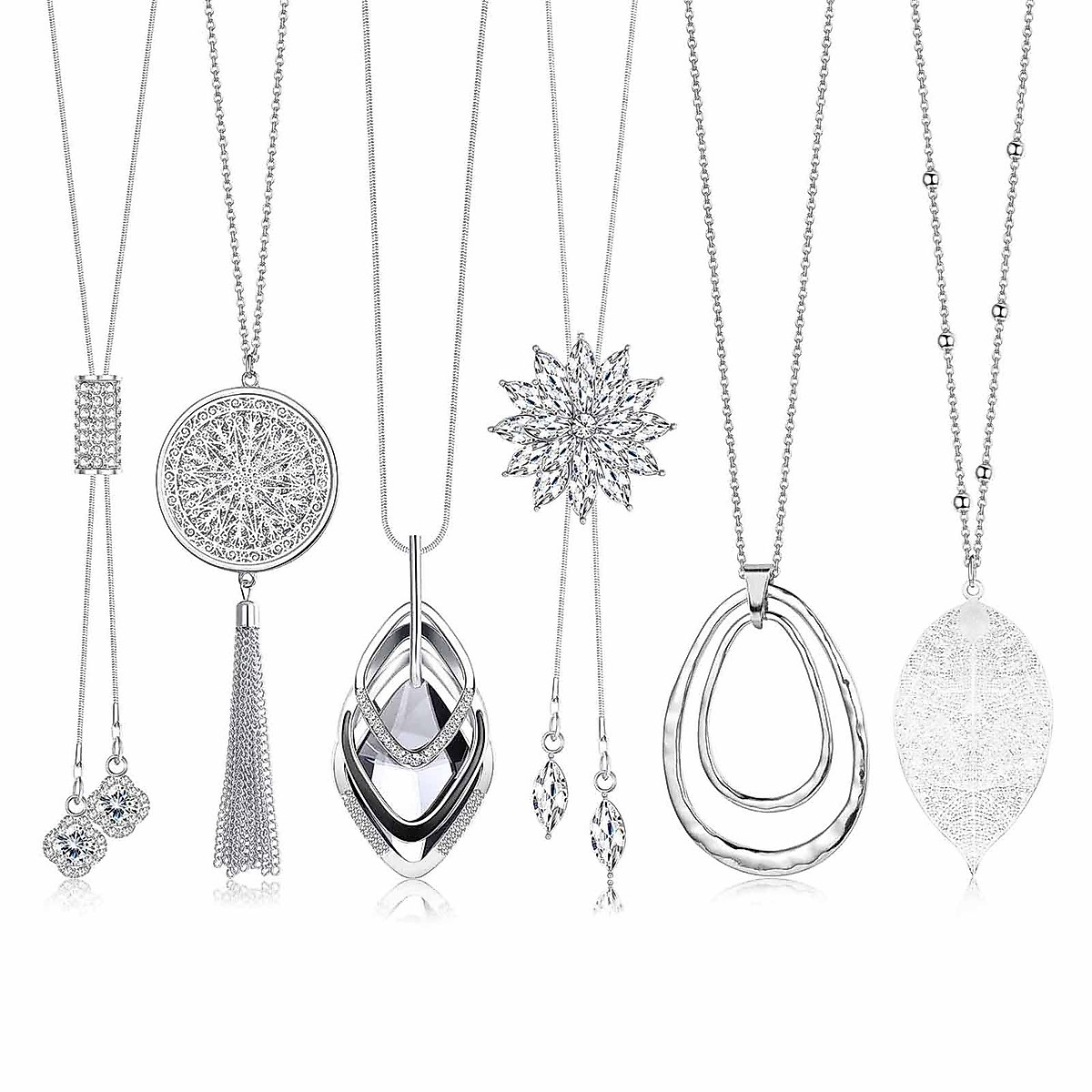 Jstyle 6Pcs Long Pendant Necklaces for Women Long Sweater Necklaces Silver Flower Tassel Disk Circle Leaf Statement Sweater Chain Necklace for Women Y Necklace Set Fashion Jewelry C