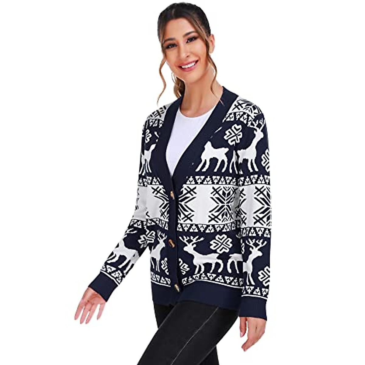 Cowasto Women's Reindeer Knitted Christmas Cardigan Sweater Comfy Button Up Casual Open Front Festive Sweaters Navy Blue X-Large