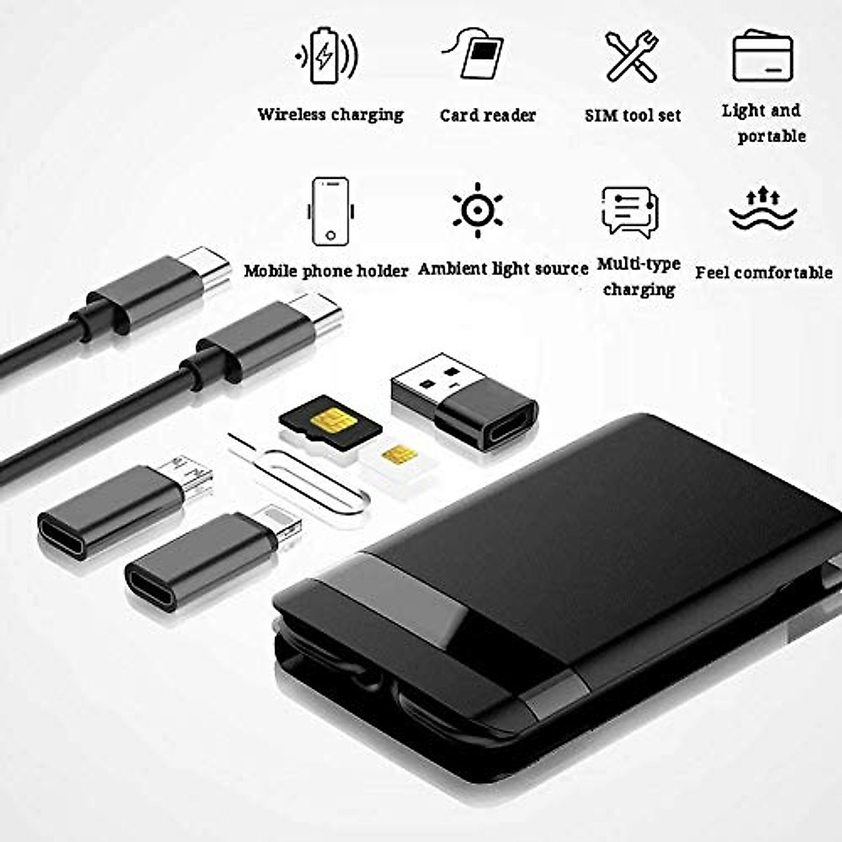 Urban Survival Card Data Cable, Multi-Type Charging Cable Convertor, Multi-Function Wireless Charger Adapter, Built-in Card Reader, Can Use as Phone Holder, Flash Light (Wireless Charger)
