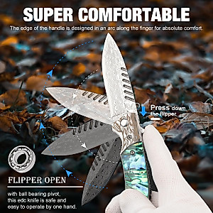 Cottonbell Damascus Pocket Knife for Men Women, Unique Abalone Seashells Handle Folding Knives,EDC Knife Survival Knife with Safety Liner Lock