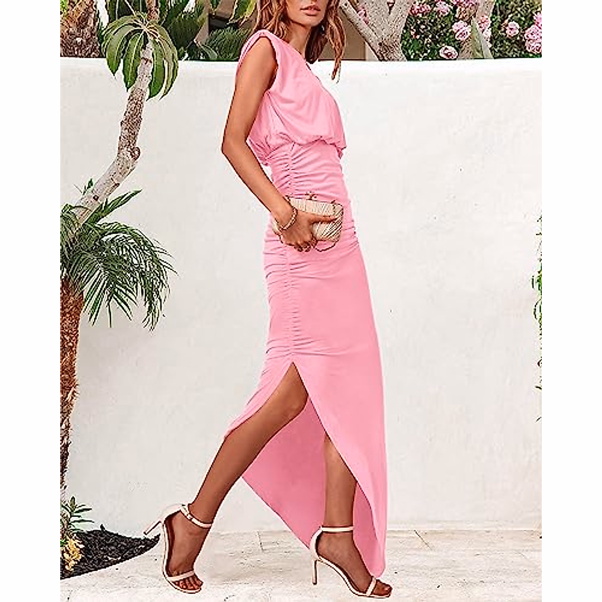 BTFBM Women Sleeveless Ruched Bodycon Dress 2023 Summer High Waist Asymmetrical Slit Formal Party Cocktail Maxi Dresses(Solid Pink, Small)