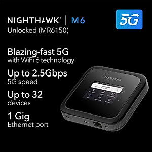 NETGEAR Nighthawk M6 5G Mobile Hotspot, 5G Router with Sim Card Slot, 5G Modem, Portable WiFi Device for Travel, Unlocked with Verizon, AT&T, and T-Mobile, WiFi 6, 2.5Gbps (MR6150)