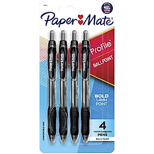 Paper Mate Profile Retractable Ballpoint Pen, Bold Point, Translucent Barrel, Black Ink, 4 Count