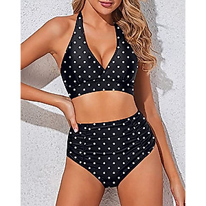 Tempt Me Women Black Polka Dot Two Piece High Waisted Bikini Set Swimsuits Push Up Halter Tummy Control Bottoms Bathing Suits L