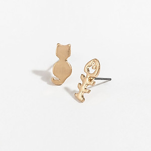 Stud Buds Kitty & Fish Bone Gold Nickel Free Earrings by Howard's Inc (Gold)