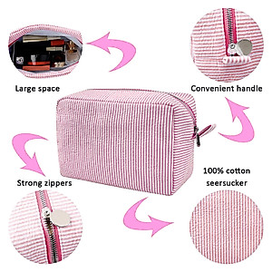 GFU Cosmetic Bag for Women, Large Makeup Bag, Travel Toiletry Stripe Cosmetic Bag, Seersucker Women Aesthetic Organizer Storage Pouch, Girls Handbags Purses (Pink)
