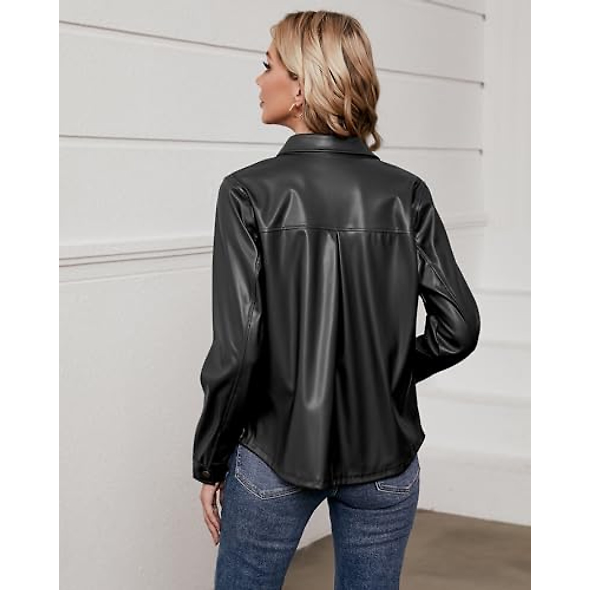 luvamia Faux Leather Jackets for Women Long Sleeves Vegan Leather Shackets Jacket Side Pockets Trendy Moto Biker Coat Womens Fall Jackets for Women 2023 Black Jacket Women Dressy Black Size Large