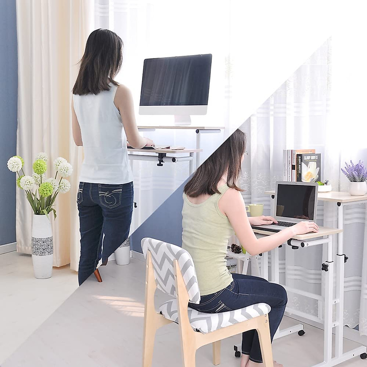 DlandHome Adjustable Rolling Desk Standing Desk, Sit-Stand Desk Cart Mobile Computer Desk Stand Up Desk Office Desk Riser Standing Table Workstation Mobile Desk, Oak