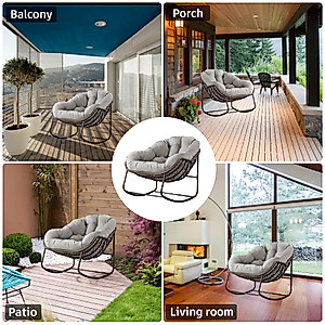 Large Indoor Outdoor Rocking Chair, Oversized Rocking Papasan Chair with Thick Cushion and Frame Outdoor Rocker, Comfy Wicker Egg Chairs Lounge for Outside Porch Patio Backyard Balcony (Beige)