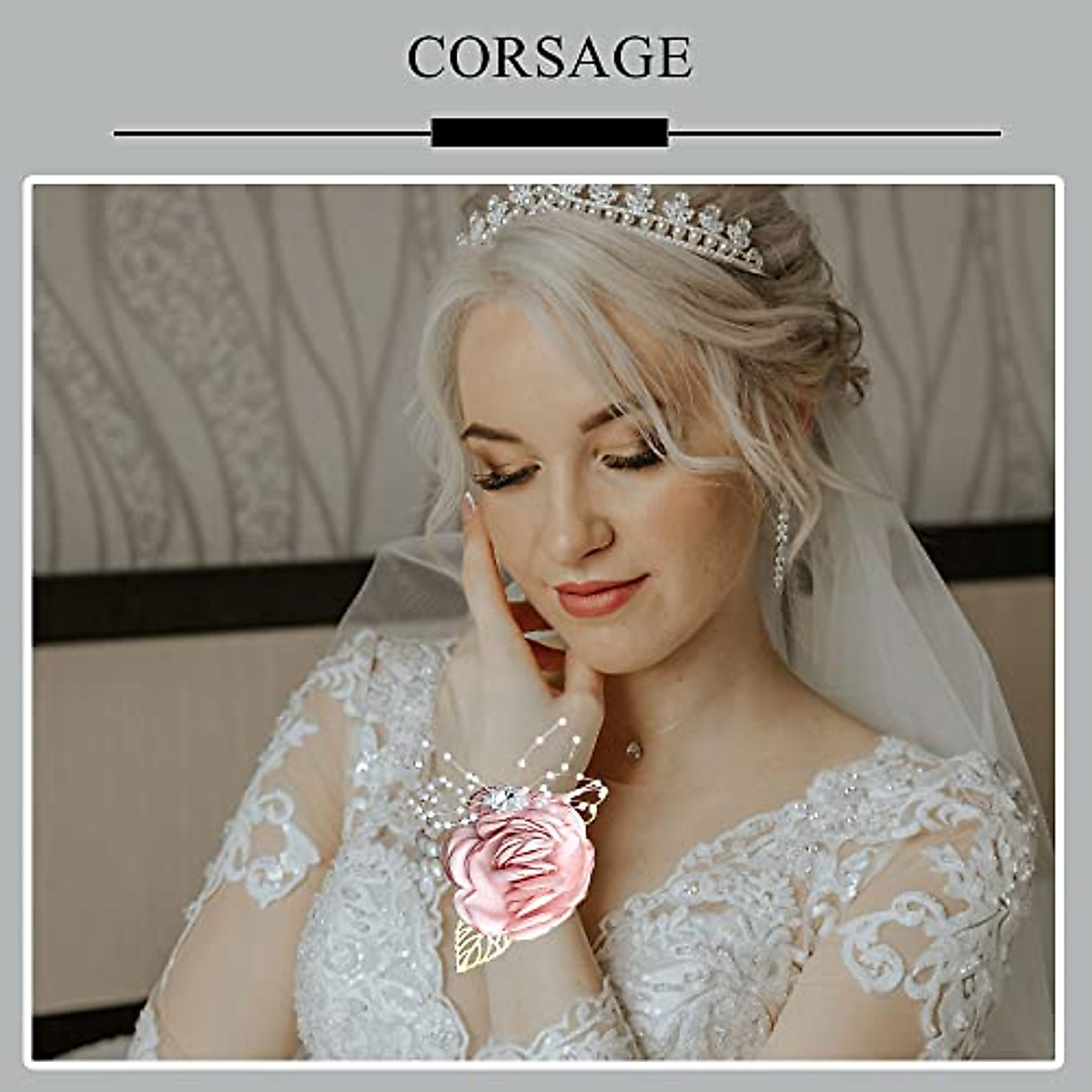 XAN Bridesmaid Wrist Flower Corsage Bride Silk Wrist Flower, with Artificial Pearl Bead Elastic Bracelet Wristband Gold Leaf, Used for Wedding Ball Hand Flower Decoration (Grey Combination)