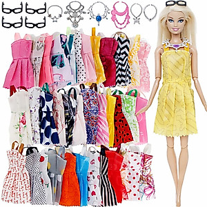FUB 20 Pcs = Random 10x Mixed Style Mini Dress + 6X Plastic Necklaces + 4X Black Glasses Clothes for Accessories Toy