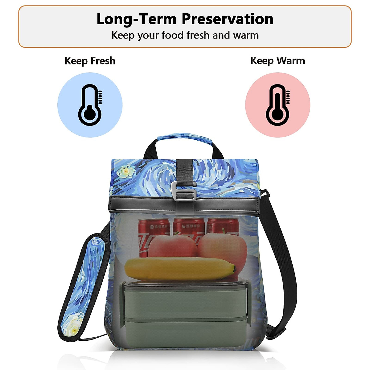 panksolu Starry Night Van Gogh Lunch Bags for Women Insulated Leakproof Lunch Box Reusable Cooler Tote Bag with Adjustable Shoulder Strap for Work School Picnic