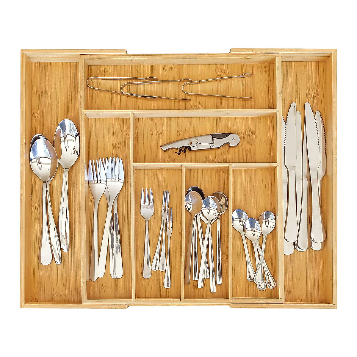 ZROOY Expandable Bamboo Kitchen Silverware Organizer Drawer for Utensils Holder and Cutlery, 8 Compartments for Drawer Tray with Grooved Drawer Dividers , Flatware and Kitchen Utensils (Natural)