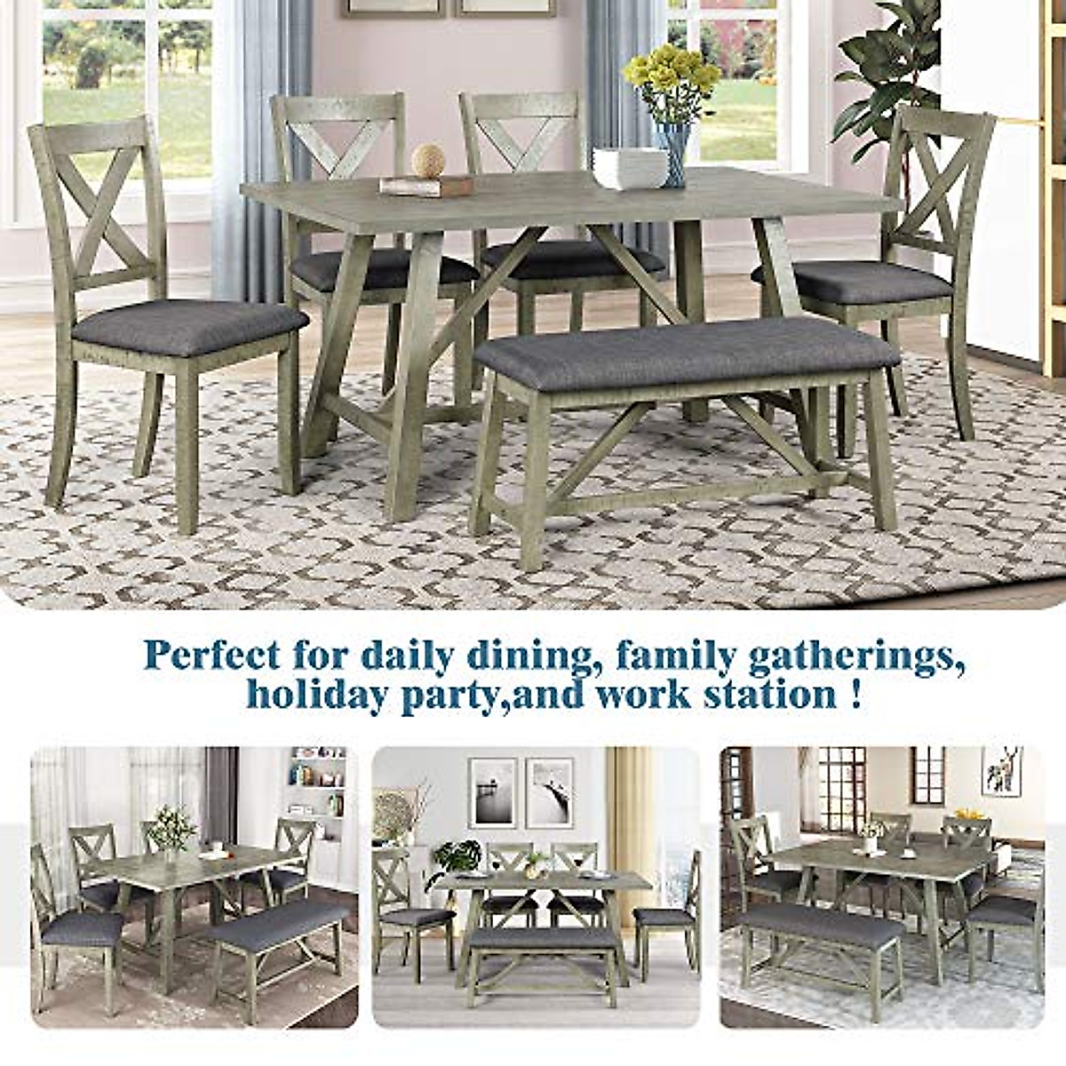 6 Piece Dining Table Set, Wooden Rectangular Kitchen Table and 4 Dining Chairs with Cushions and 1 Bench with Cushion, Wooden Kitchen Dining Room Table Set for 6, Rustic Gray