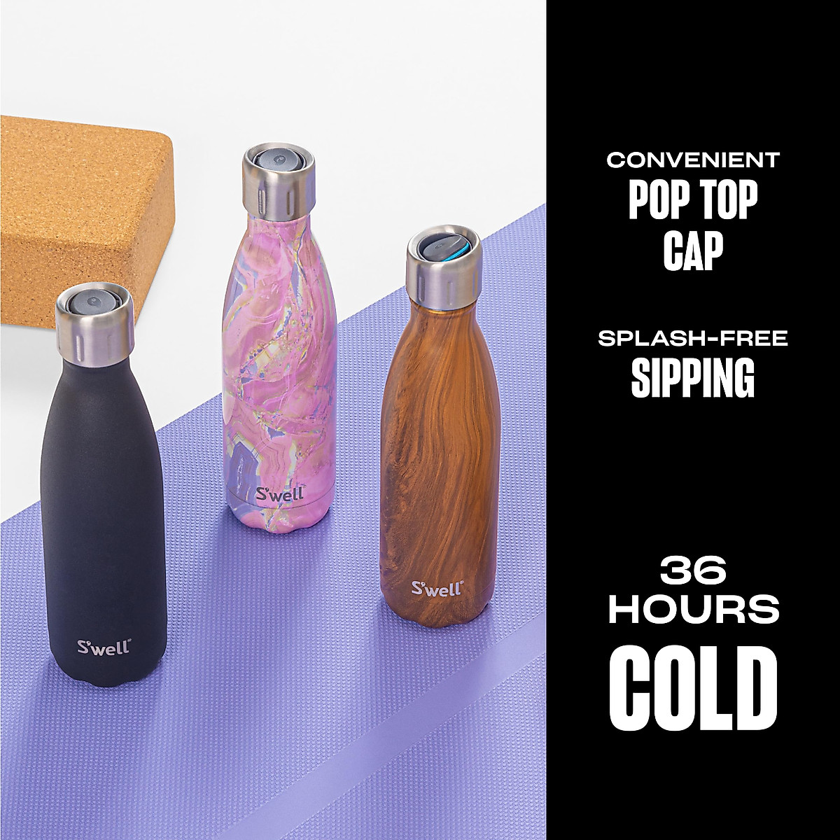 S'well Stainless Steel Water Bottle with Sports Cap, 17oz, Onyx, Triple Layered Vacuum Insulated Containers Keeps Drinks Cold for 36 Hours and Hot for 10, BPA Free, Perfect for On the Go