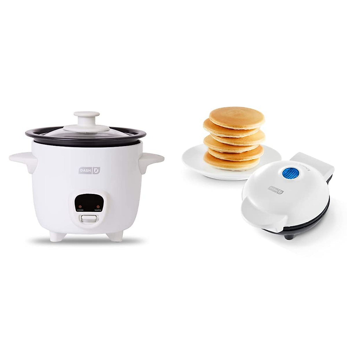 Dash DRCM200GBWH04 Mini Rice Cooker Steamer, White & Mini Maker Electric Round Griddle for Individual Pancakes, Cookies, Eggs & other on the go Breakfast, Lunch & Snacks - White