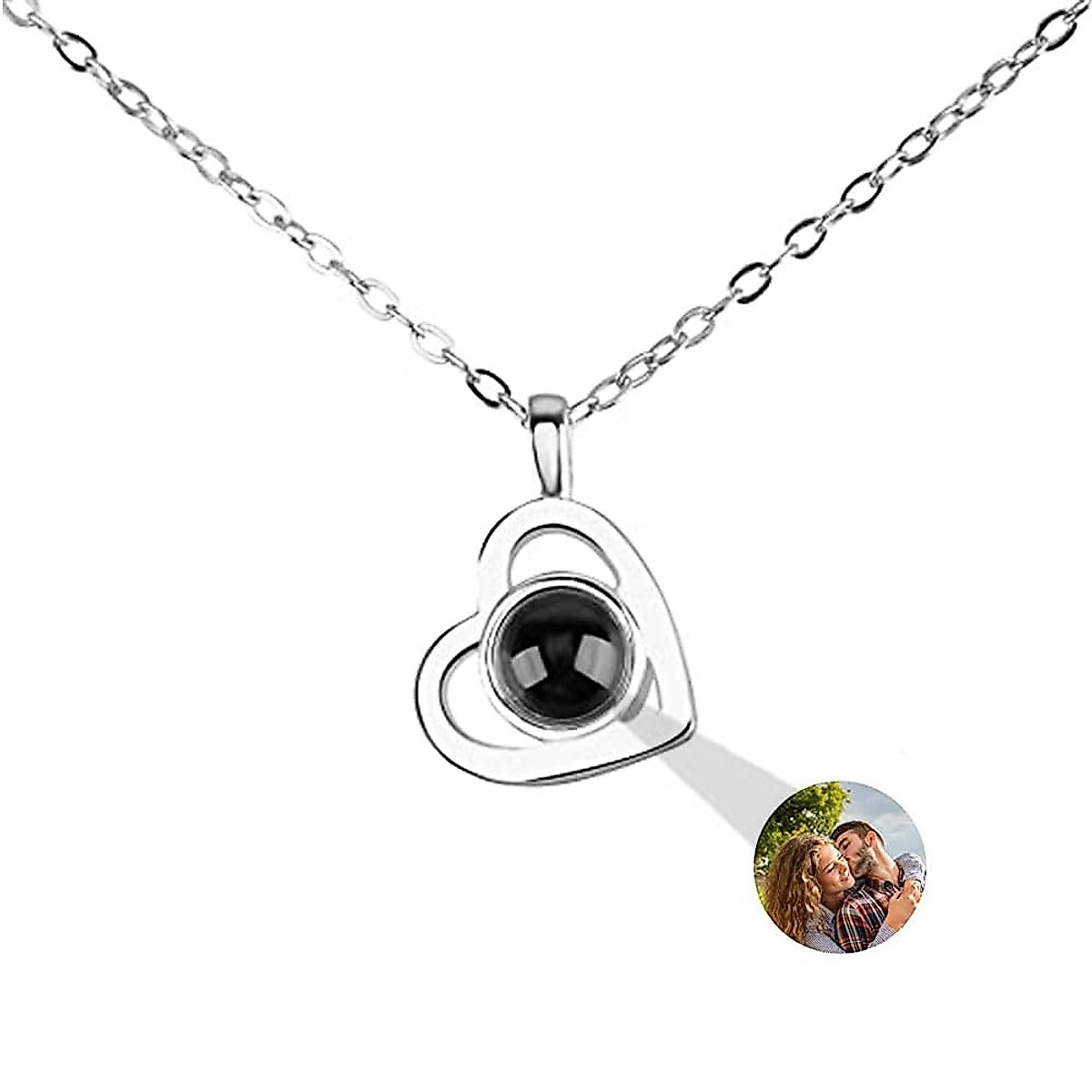 Wexibauyl Custom Photo Projection Necklace Personalized Photo Necklace with Picture Inside Heart Pendant Necklaces Gift for Christmas Birthday Anniversary
