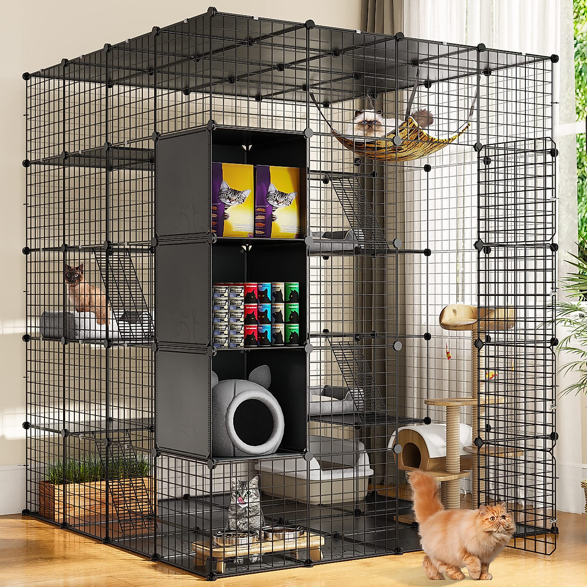YITAHOME Cat Cage Indoor Large with Storage Cube DIY Outdoor Cat Enclosures Metal Cat Playpen with Hammock Platforms for 1-4 Cats 5 Tiers Cat Kennel Catio