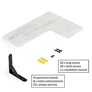 Muzilife Corner Floating Shelves Wooden Floating Shelve Set of 4, Wall Mounted for Storage, L-Shaped Shelves for Wall Decor Wall Organizer for Bedroom, Bathroom, Kitchen, Living Room and Office, White