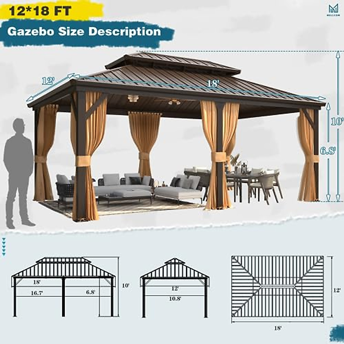 MELLCOM 12'x18' Hardtop Gazebo, Galvanized Steel Metal Double Roof Aluminum Gazebo with Curtain and Netting, Brown Permanent Pavilion Gazebo for Patio, Lawn & Garden