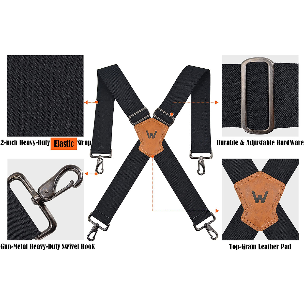 WELKINLAND 2Inch-Wide Full Elastic Suspenders, Heavy Duty Men's Work Suspenders with Hooks