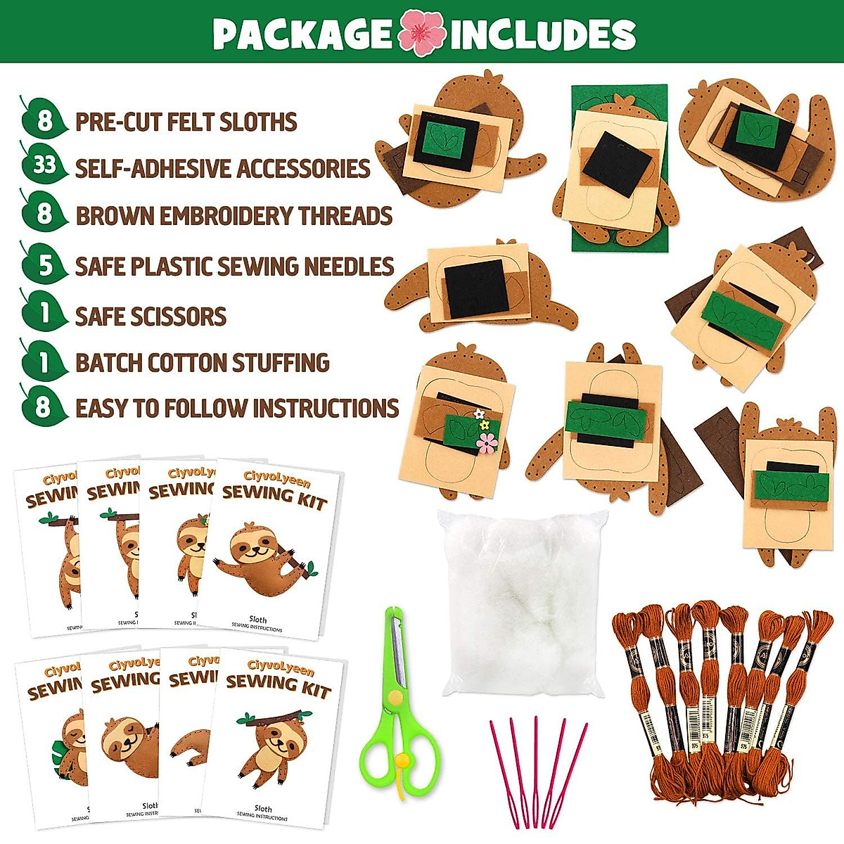 CiyvoLyeen Sloth Sewing Craft Kit Jungle Animal DIY Craft Sewing Kit for Girls and Boys Educational Sewing Kits for Kids Age 8 9 10 11 12 Craft Kit Includes 8 Projects
