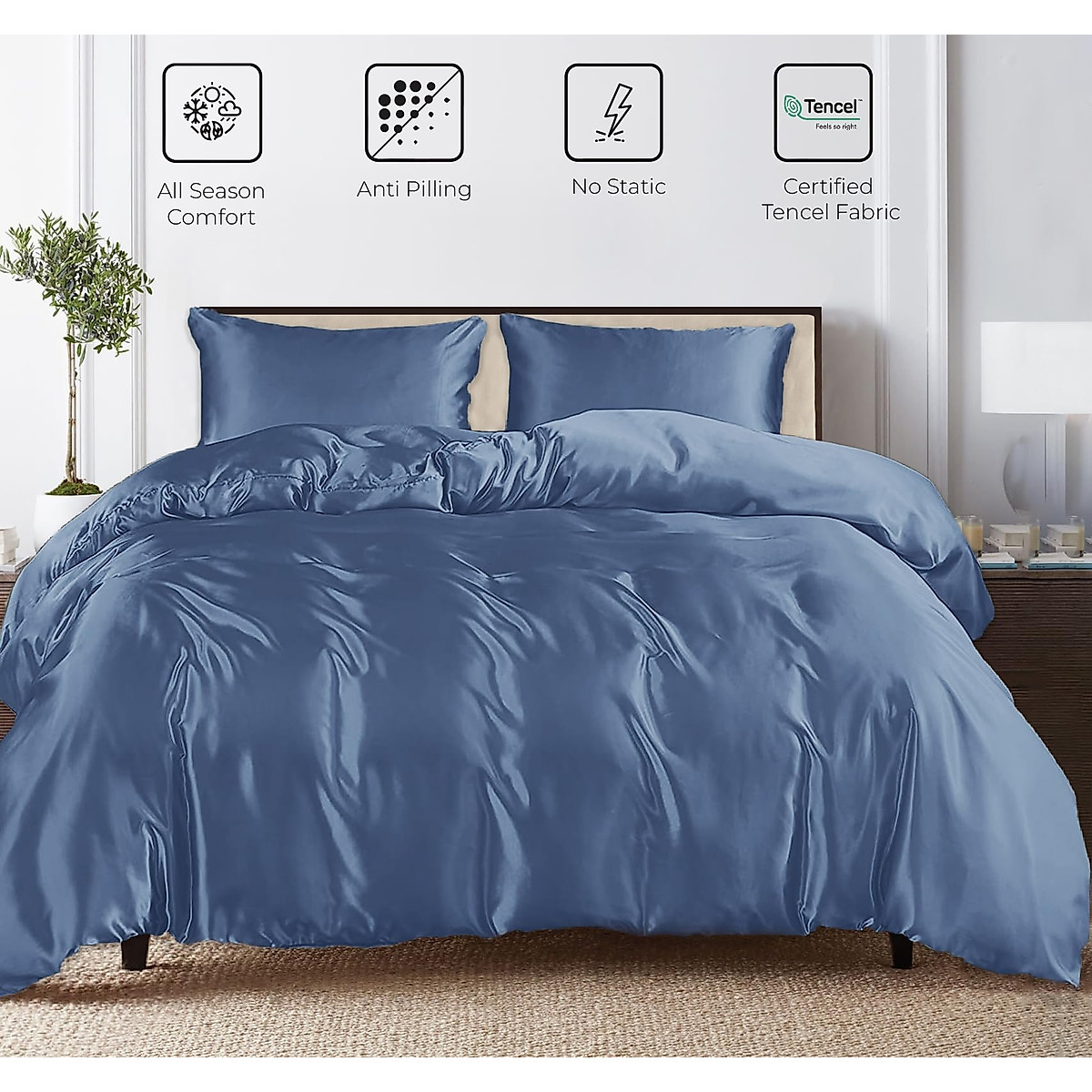 Linenwalas Tencel Lyocell Duvet Cover Set with Deep Pocket Fitted Sheet, Viscose Made from Eucalyptus Soft, Lightweight and Breathable Complete Bedding Set (Bahamas Blue, Full)