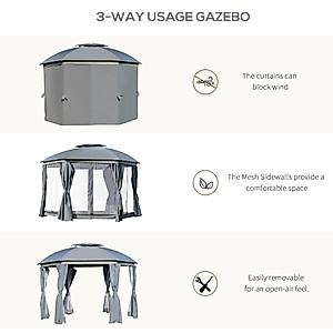 Outsunny 12' x 12' Round Outdoor Gazebo, Patio Dome Gazebo Canopy Shelter with Double Roof, Netting Sidewalls and Curtains, Zippered Doors, Strong Steel Frame, Grey
