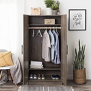 Prepac Elite Functional Wardrobe Closet Cabinet with Hanging Rail, Simplistic 2-Door Armoire Portable Closet 20" D x 32" W x 65" H, Drifted Gray, DEW-3264