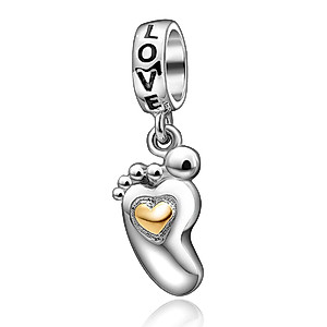 Baby Feet Dangle 925 Sterling Silver Charm Heart & Love Charm fit DIY Bracelet & Necklace