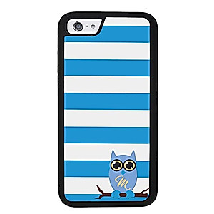 Blue and White Bars Owl Personalized Apple iPhone Black Rubber Phone Case Compatible with iPhone 14 Pro Max, Pro, Max, iPhone 13 Pro Max Mini, 12 Pro Max Mini, 11 Pro Max X XS Max XR 8 7 Plus