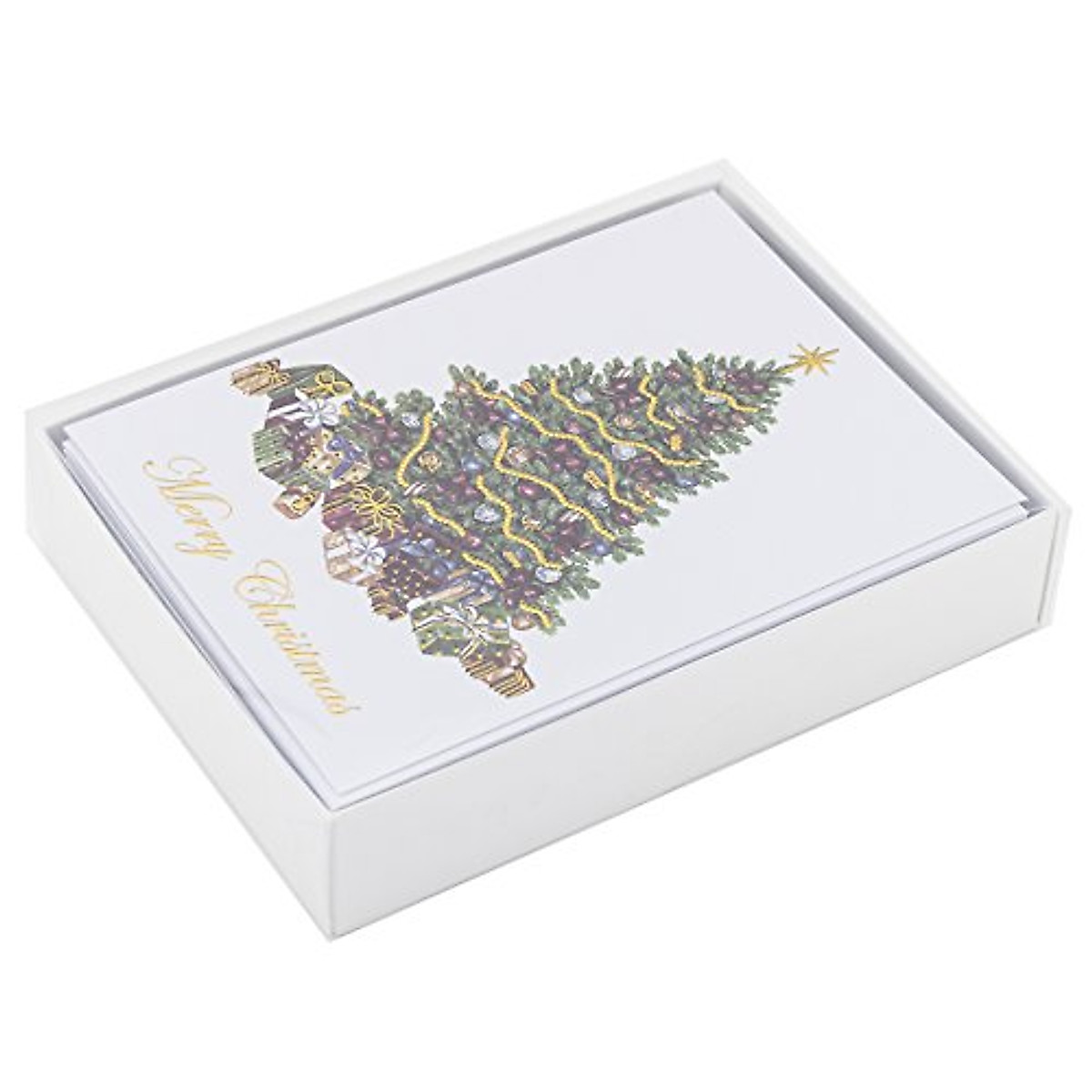 Premium Christmas Cards - 20 Pack - Traditional Christmas Tree with Gold Embossed Foil and Linen Texture - 20 Heavyweight Holiday Cards and Gold Foil Lined Envelopes