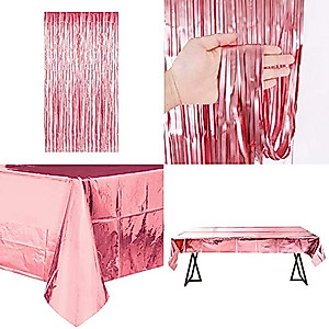 MOVINPE Pink Birthday Party Decoration, Happy Birthday Banner, Rose Gold Fringe Curtain, Foil Tablecloth, Heart Star Foil Confetti Balloons, 10g Table Confetti for Women Girl Birthday Party