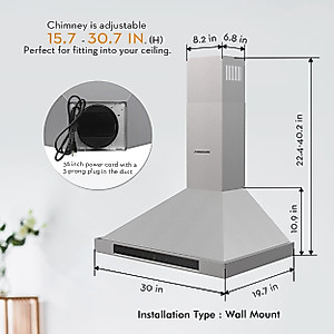 FIREGAS Wall Mount Range Hood 30 in. With 450 CFM Brushless DC Motor,9 Speed Exhaust Fan,LED Light,Soft Touch Control,Buffle Filter, Charcoal Filter included for Ducted/Ductless Range Hood Convertible