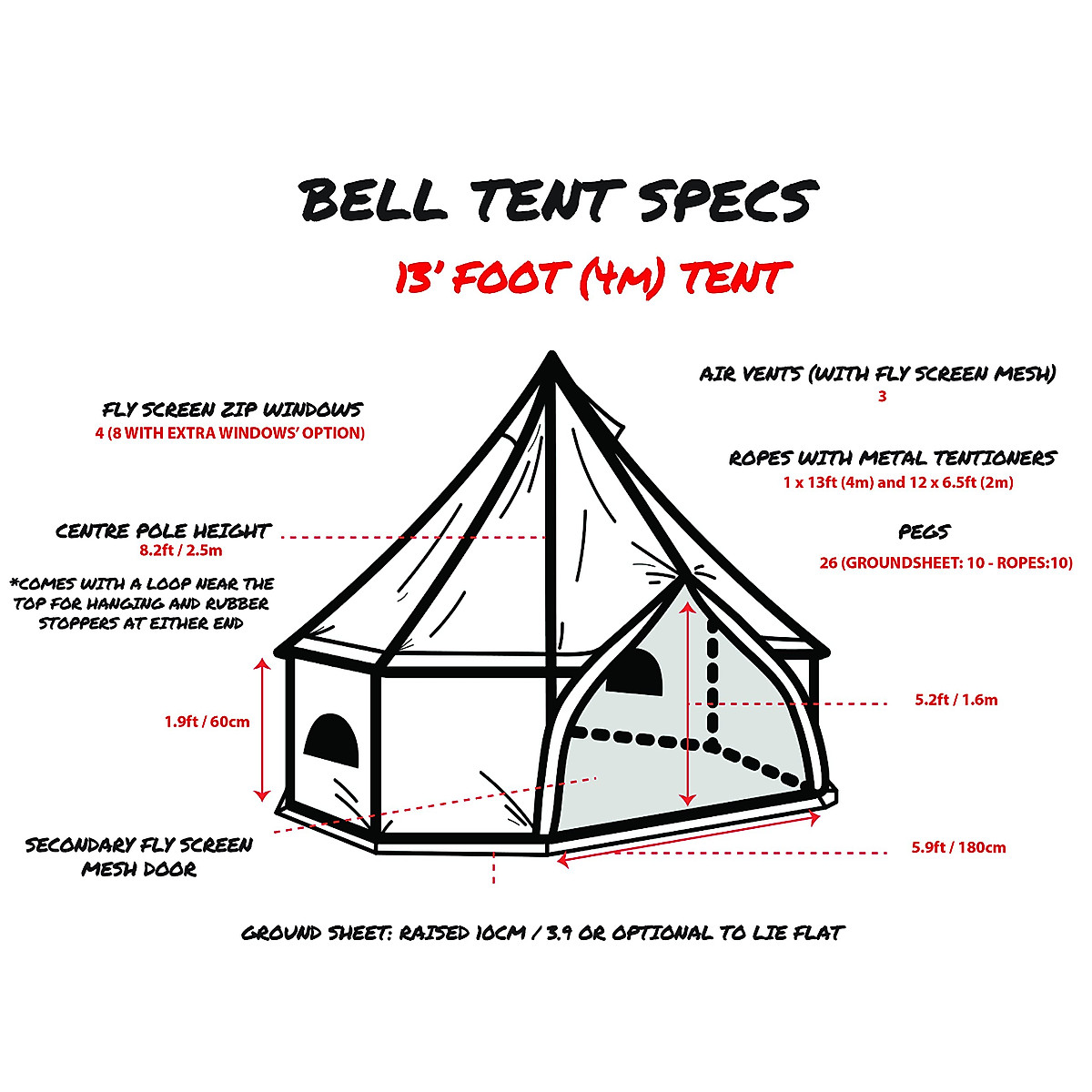 Psyclone Tents Fixed Floor 4m/13.12ft Luxury Bell Tent Outdoor All Weather 6-8 Person Cotton Canvas Yurt Medium Tent for Family Camping Glamping Hiking and Festivals