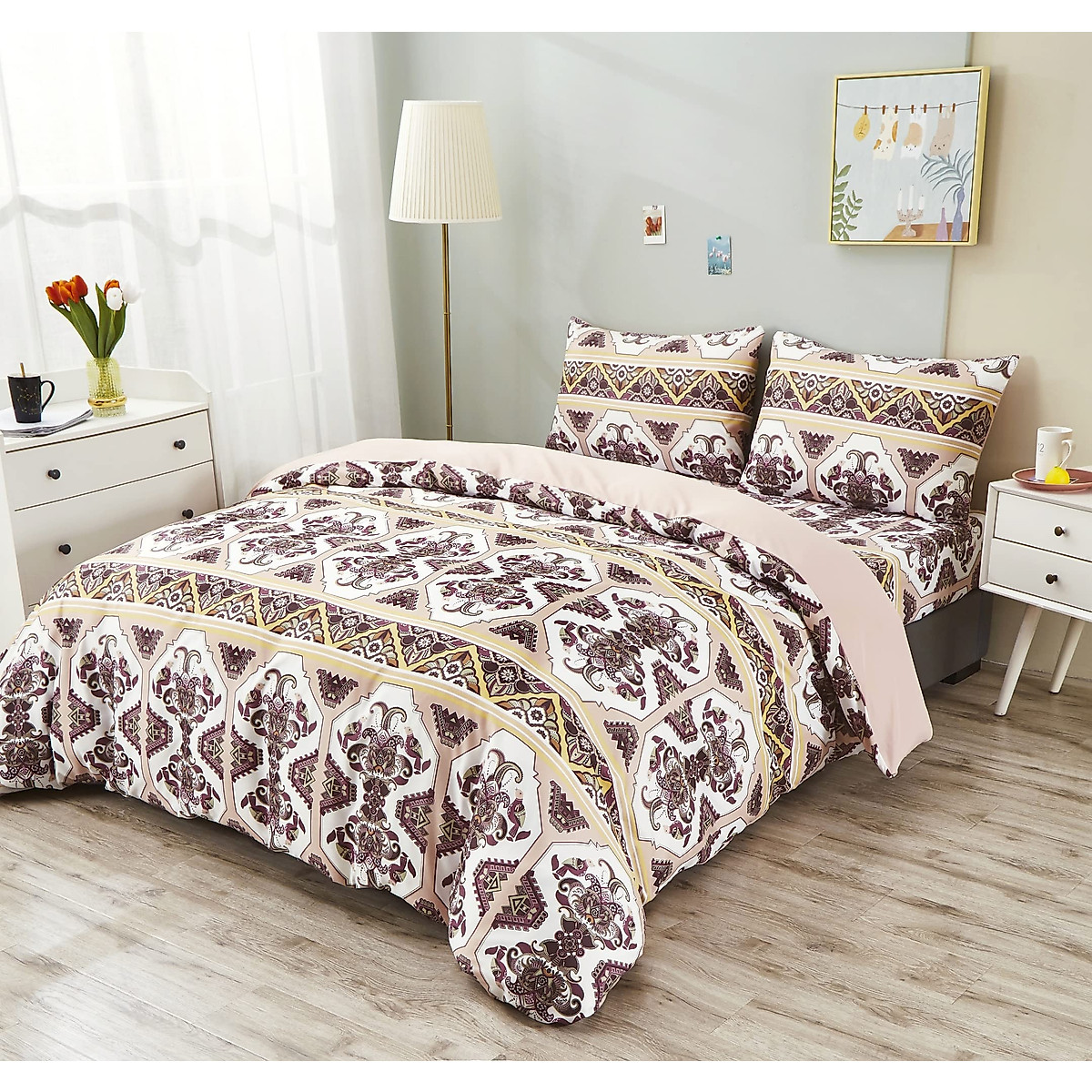 DaDa Bedding Southwestern Duvet Cover Set - Blush Pink, Kilim & Tribal Design - Includes Matching Pillowcases - Persian-Inspired, Ornate Traditional Print - Queen - 3-Pieces